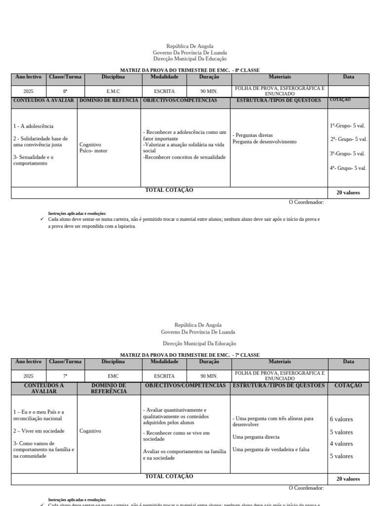 Matriz de Provas do Trimestre - EMC 2025 | PDF | Assunto (gramática)