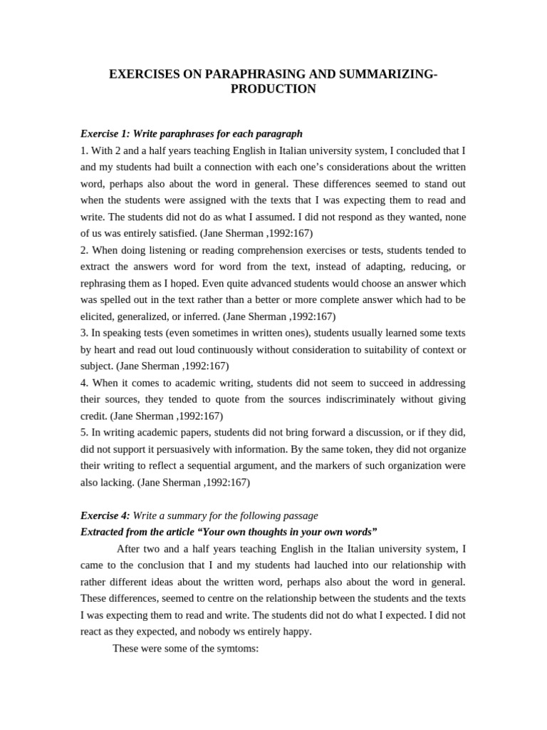 Homework Exercise on Paphrasing,summarizing, quoting | PDF | Reading Comprehension | Human ...