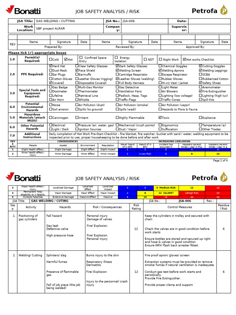 Gas Welding Job Safety Analysis JSA-006 | PDF | Safety | Occupational ...