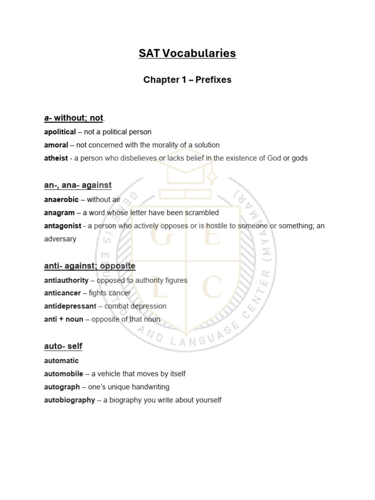 SAT Vocabularies Chapter 1 Prefix | PDF