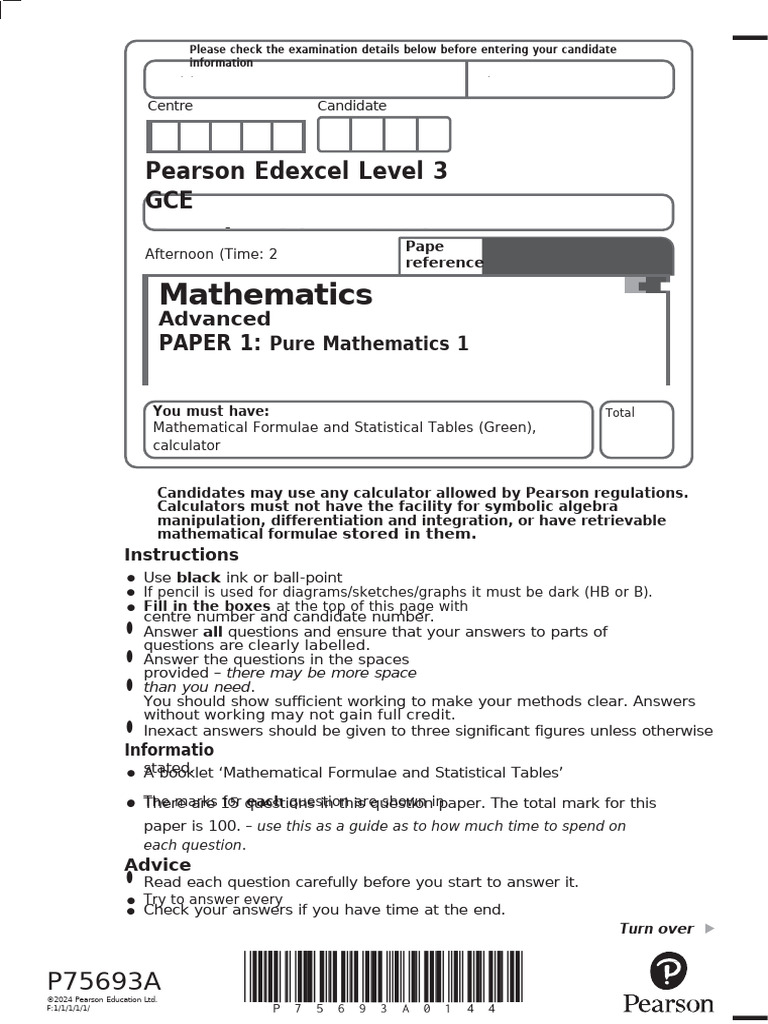 Edexcel A Level Maths Paper 1 June 2024 1 | PDF | Mathematics | Applied Mathematics