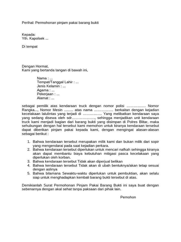 Surat Permohonan Pinjam Pakai Barang Bukti | PDF