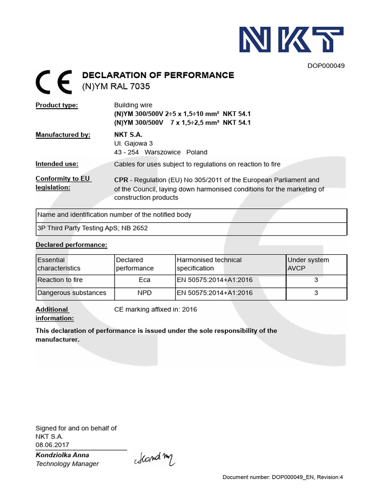 NKT (N) YM - RAL - 7035+DOP+DOP000049+EN+Rev04 | PDF