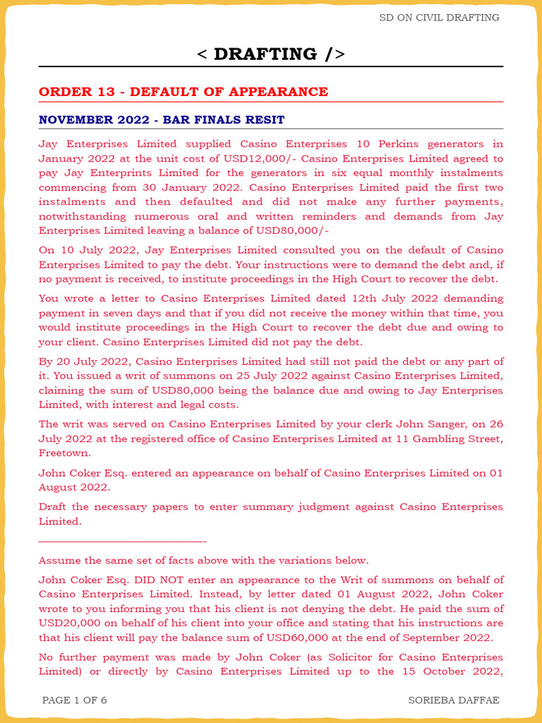 SD On Civil Drafting - Order 13 | PDF | Affidavit | Summons