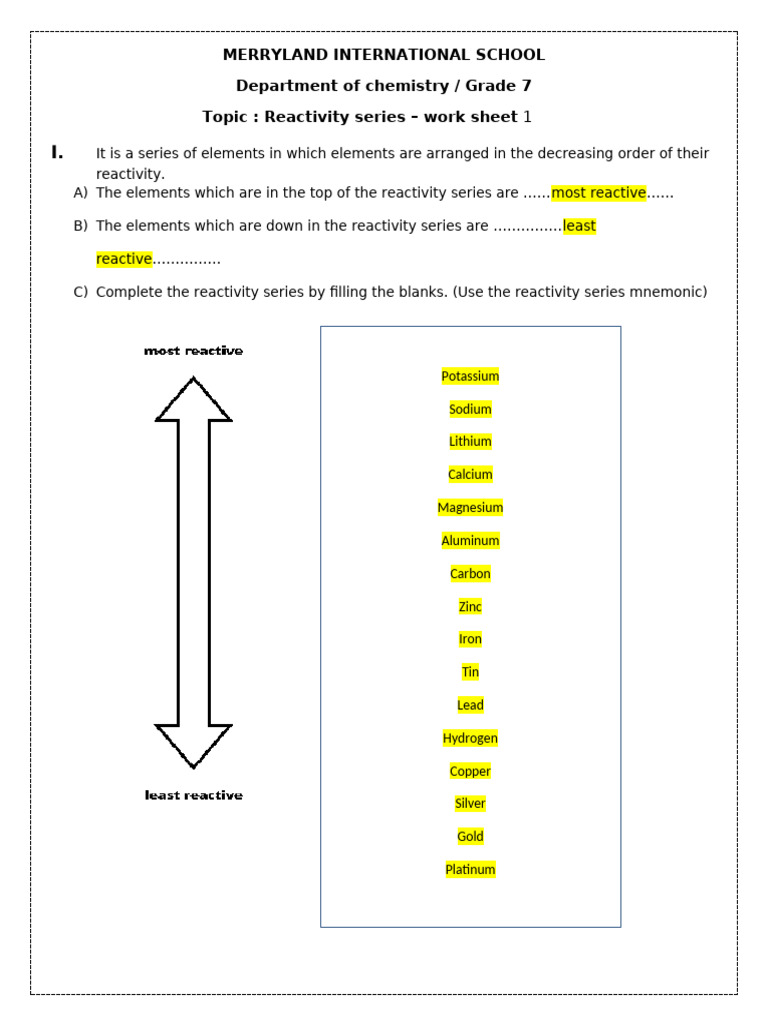Reactivity Series - Work Sheet 1 | PDF | Corrosion | Metals