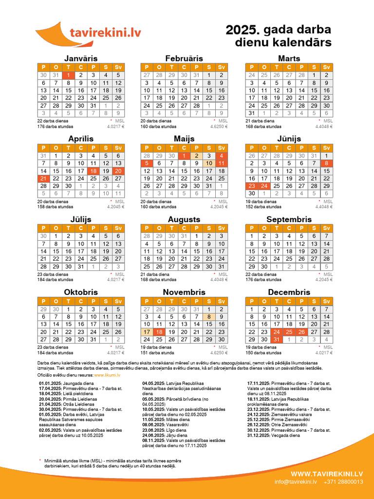 Tavirekini LV Darba Dienu Kalendars 2025 | PDF