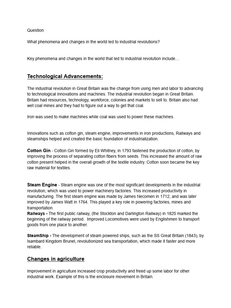 Phenomen and Changes That Led To Industrial Revolution Worksheet ...