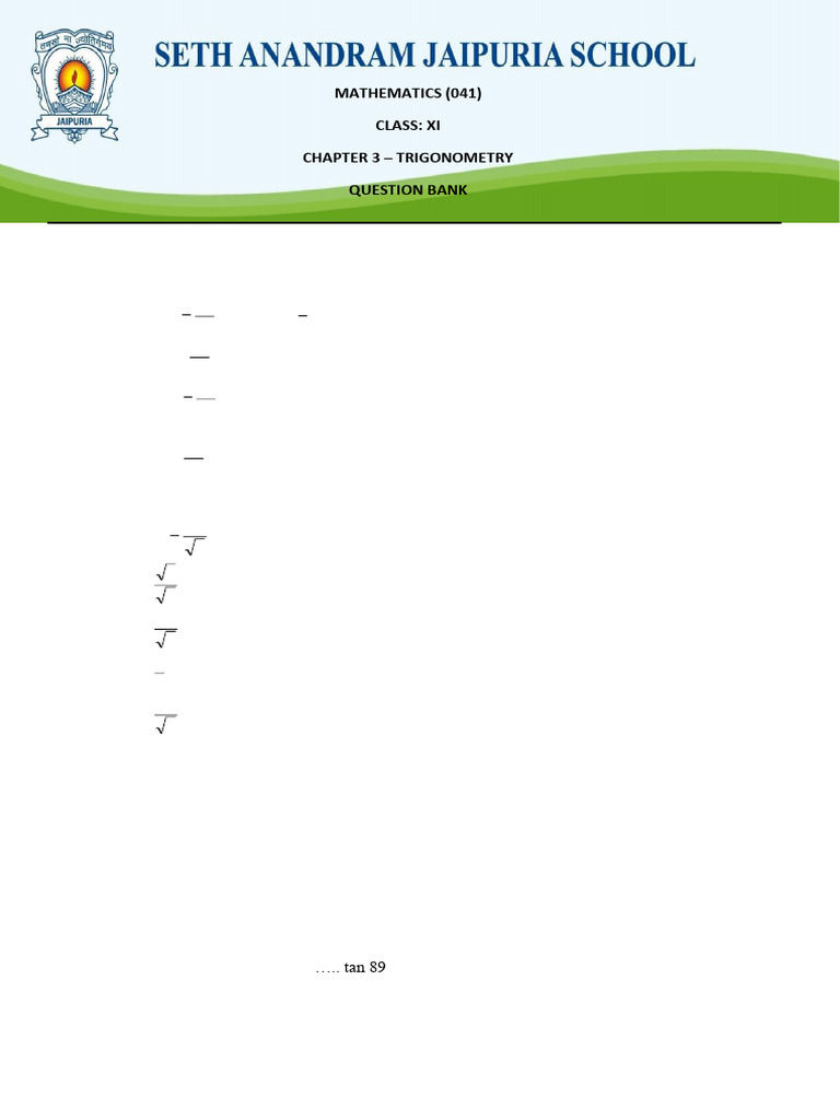Question Bank - Xi - Trigonometry - Final | PDF | Angle | Circle