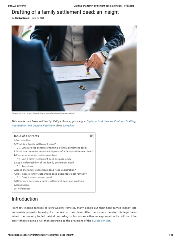 Drafting of A Family Settlement Deed - An Insight - IPleaders | PDF ...