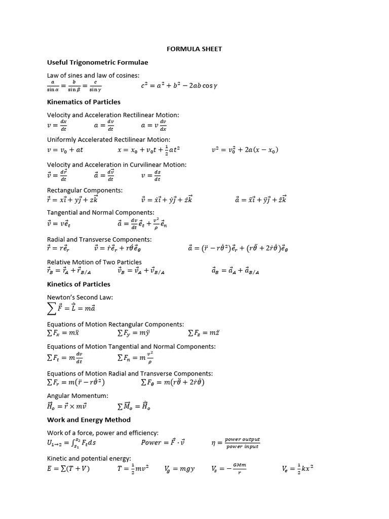 Final Exam Formula Sheet | PDF | Momentum | Angular Momentum