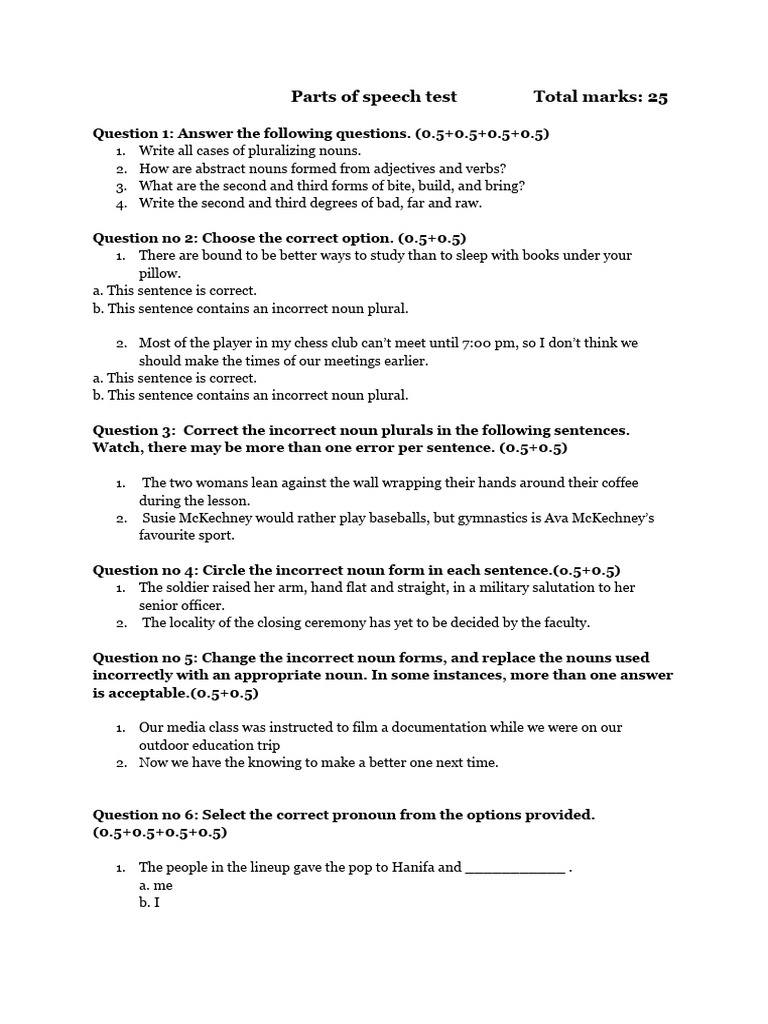 Parts of speech test Total marks_ 25 (2) | PDF | Noun | Part Of Speech