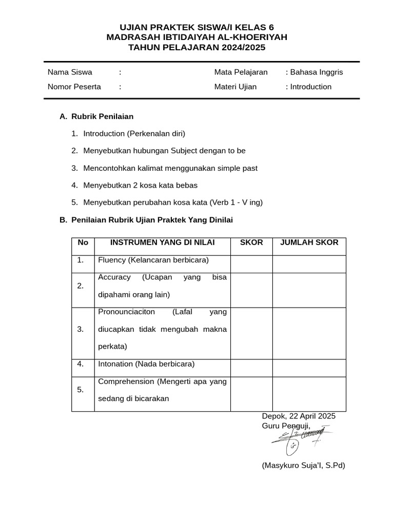 Form Ujian Praktek Kelas 6 | PDF