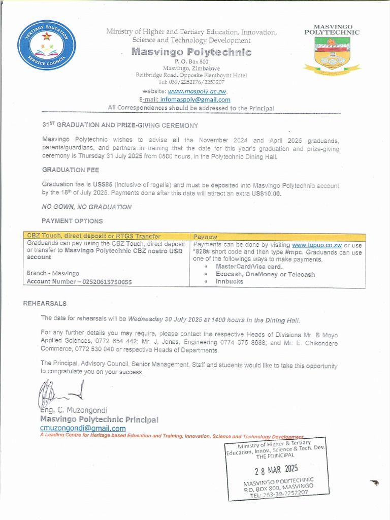Masvingo Polytechnic 2025 Graduation Advert | PDF