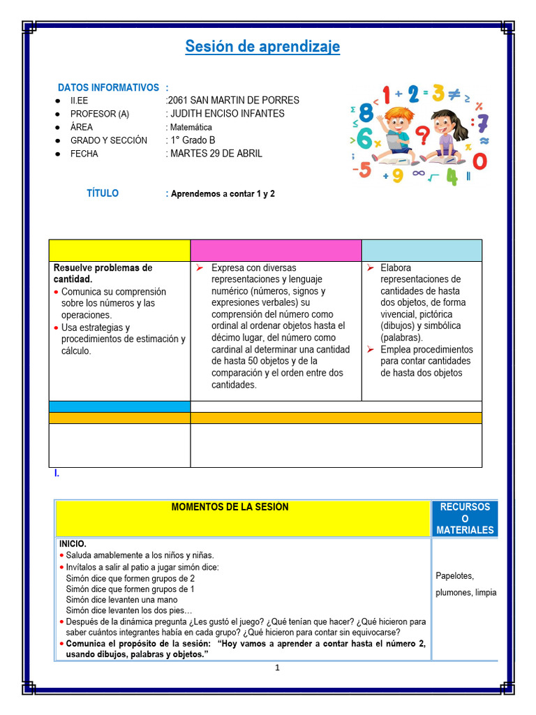 sesion Aprendemos a contar 1 y 2 | PDF | Aprendizaje