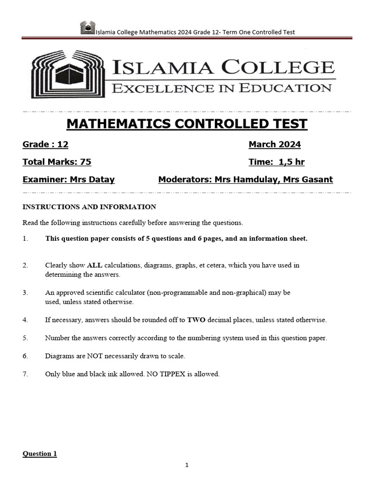 Gr12 Maths Control Test Term1 - 2024 | PDF | Mathematics