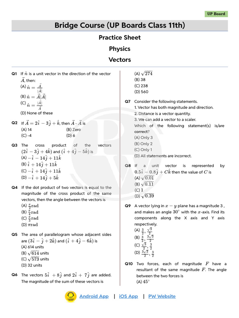Practice Sheet (English) Bridge Course (UP Boards Class 11th) | PDF | Euclidean Vector ...