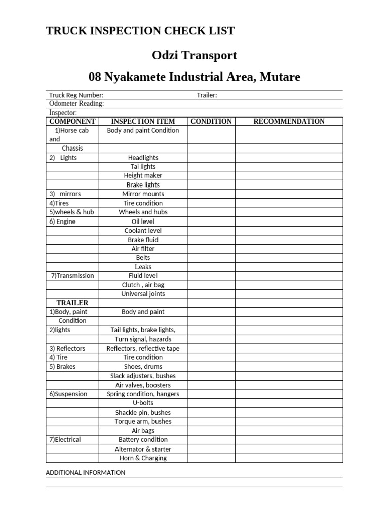 Odzi Transport Truck inspection checklist | PDF
