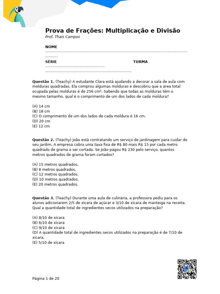 Prova de Fraes Multiplicao e Diviso | PDF | Equações | Matemática elementar