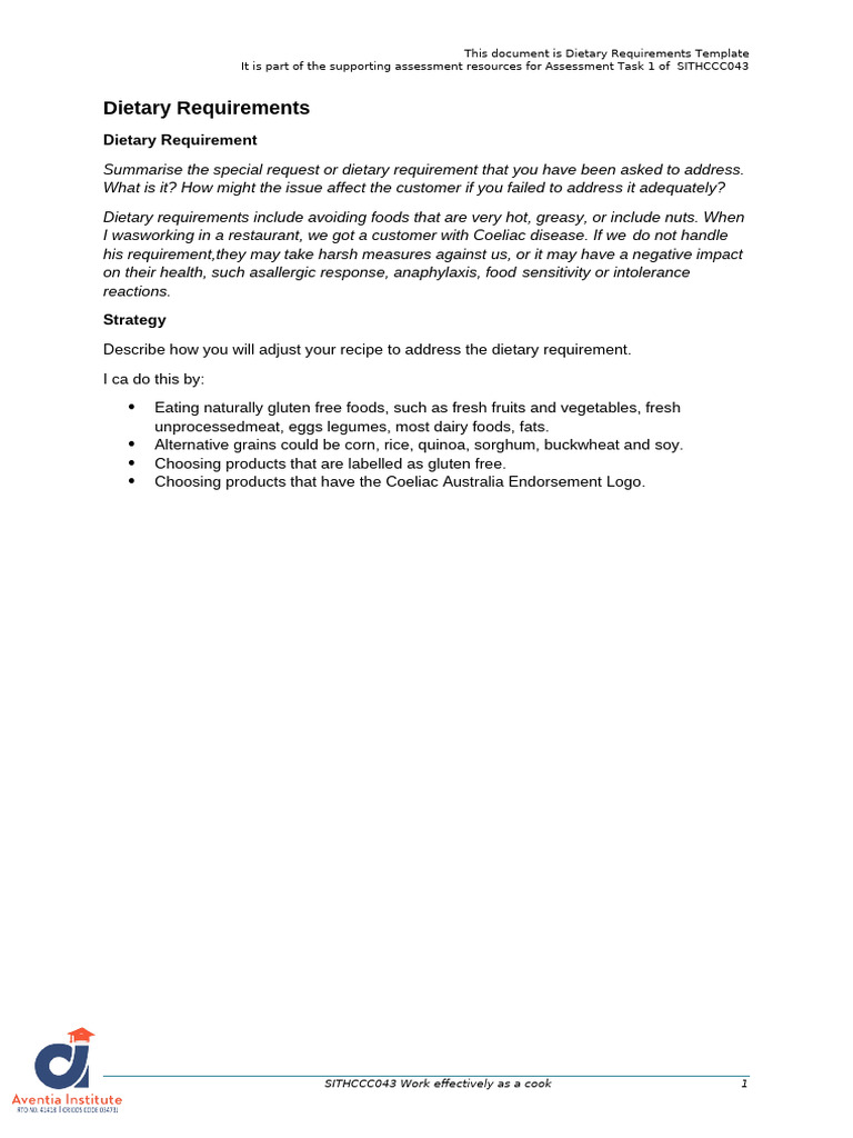 Dietary Requirements Template - Updated | PDF