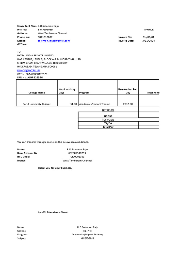 March Month Invoice - Sheet1 | PDF
