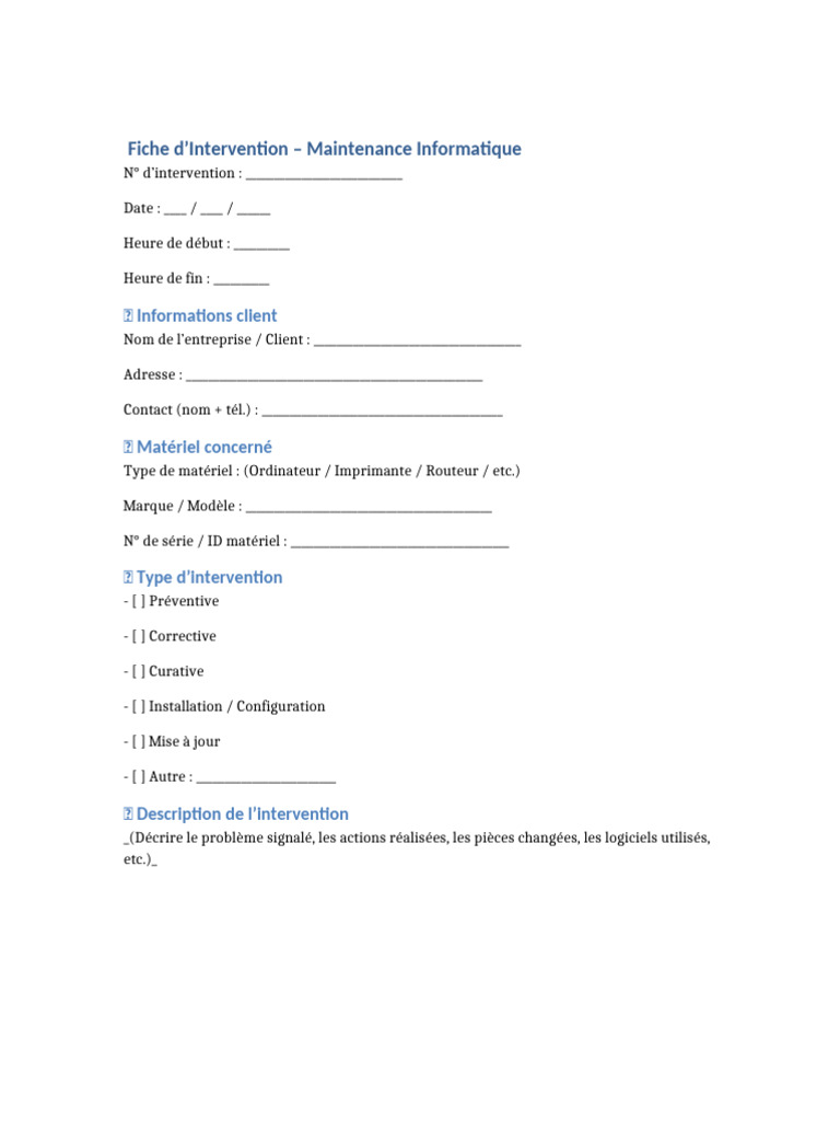 Fiche d'Intervention Maintenance Informatique | PDF