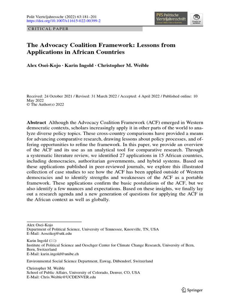 The Advocacy Coalition Framework: Lessons From Applications in African ...