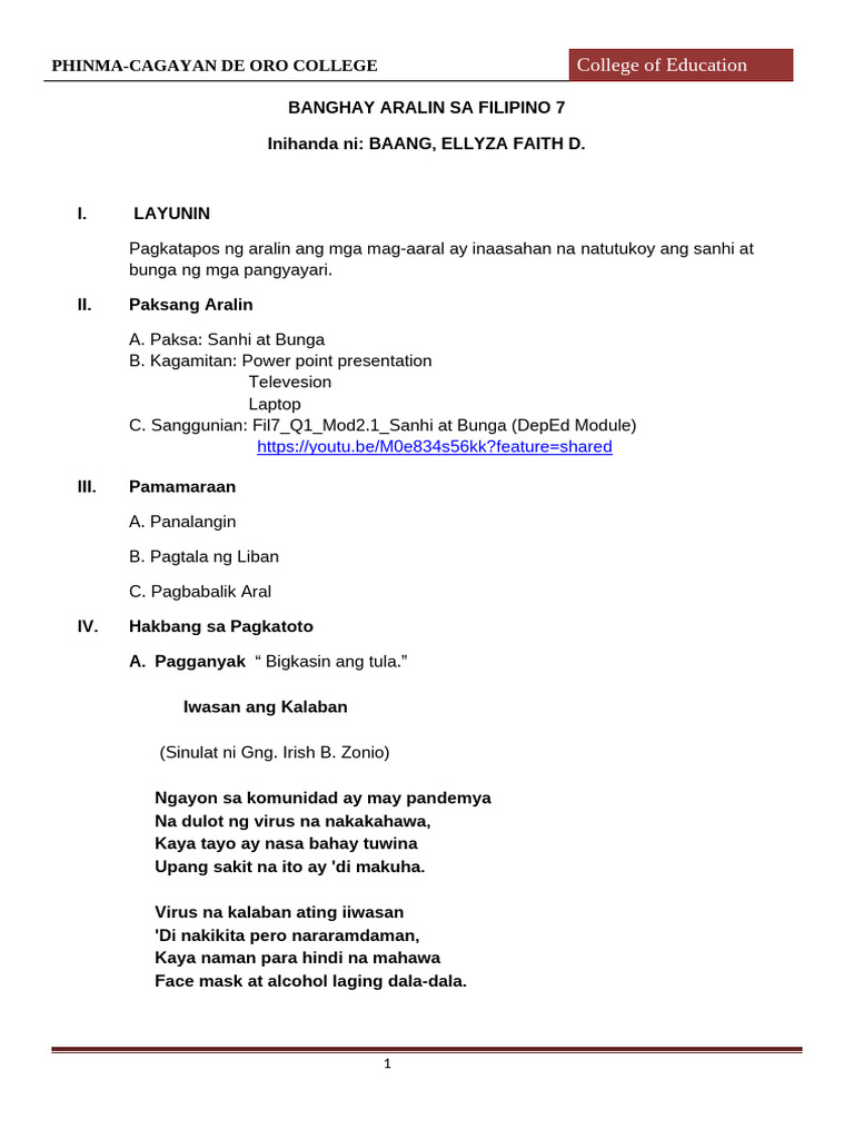 EFDB Banghay Aralin Sa Filipino - Doc4 For Merge | PDF