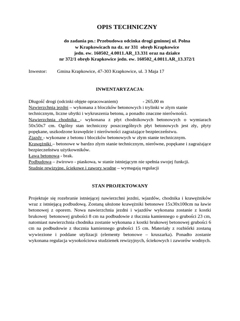 Opis Techniczny K-Ce, Ul. Polna | PDF