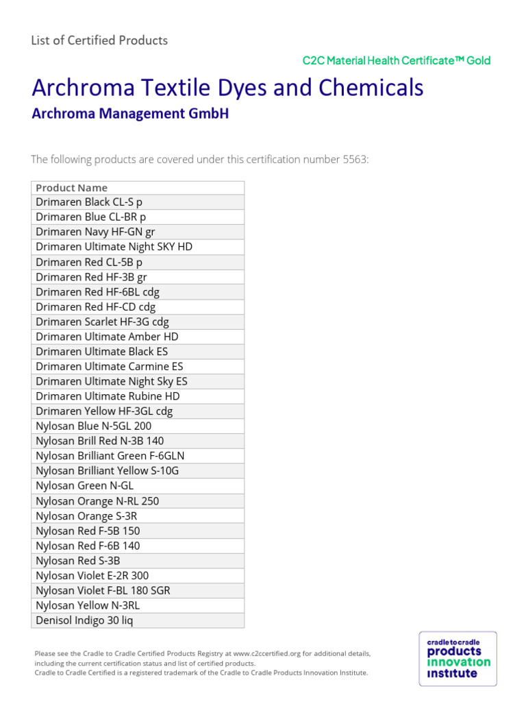 Archroma Certified Textile Dyes List | PDF