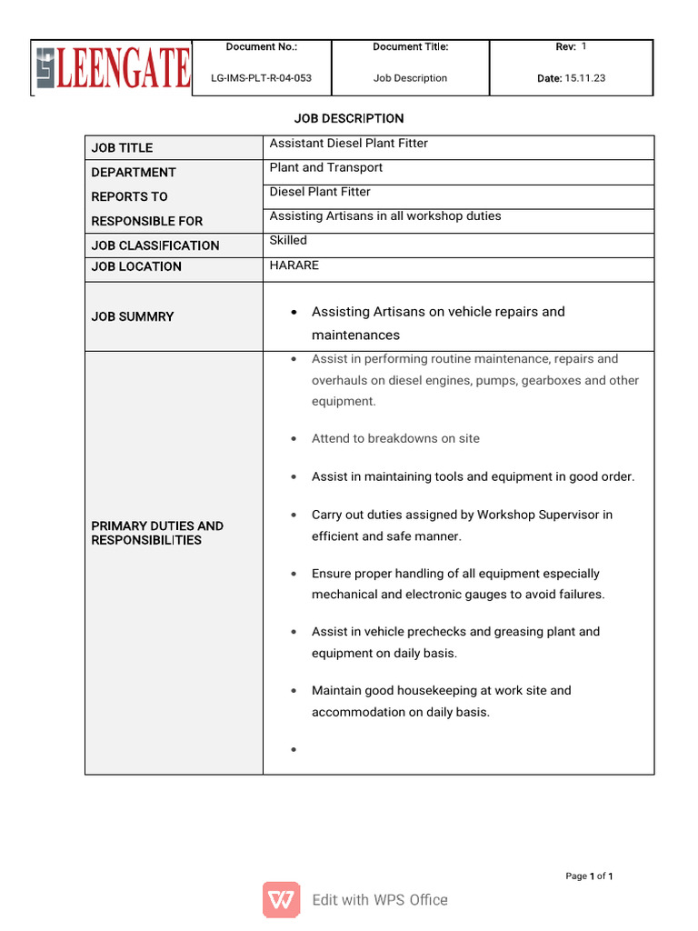 Assistant Diesel Plant Fitter Role | PDF