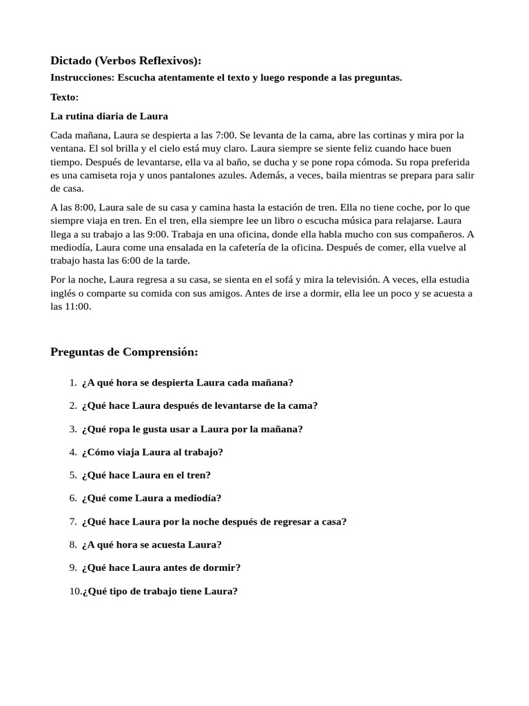 Dictado y Preguntas Verbo Reflexivos | PDF