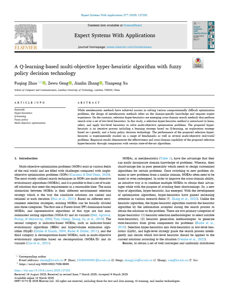A Q Learning Based Multi Objective Hyper Heuristic Algorithm With Fuzzy