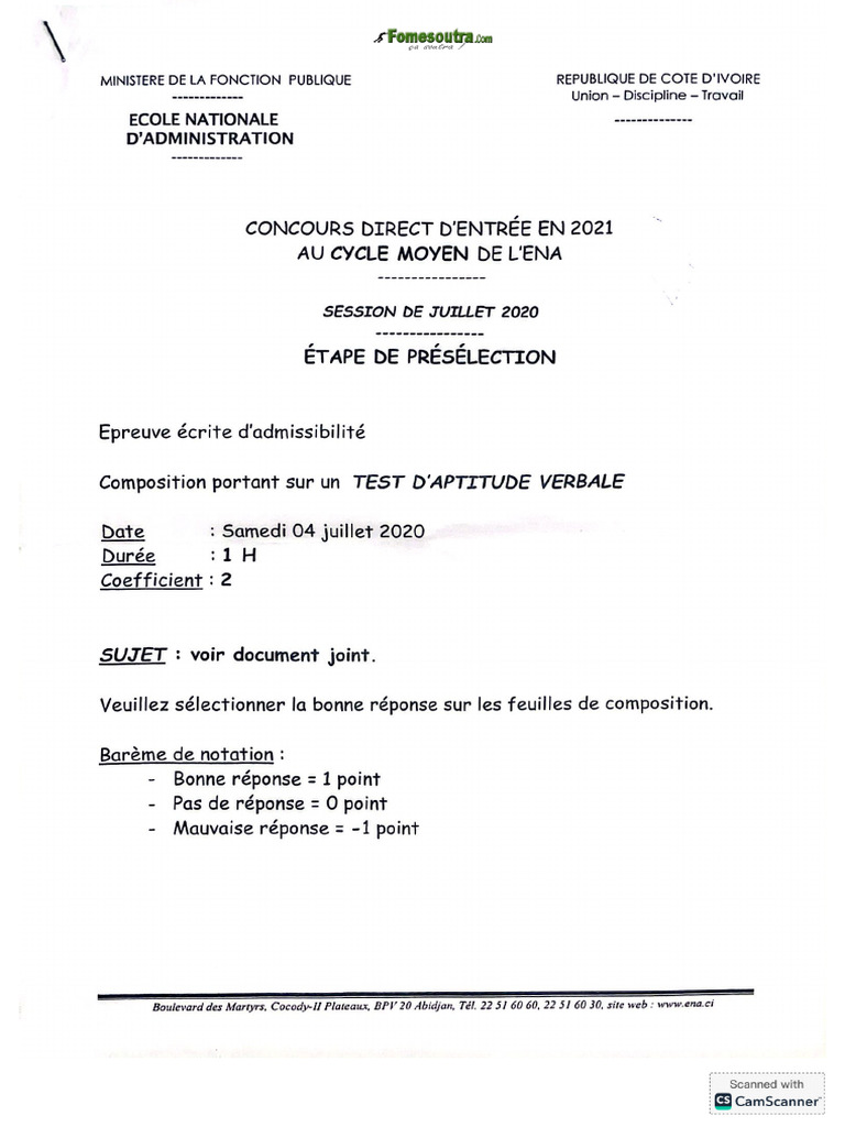 Concours ENA 2021 Cycle Moyen Présélection EPREUVE D'APTITUDE VERBALE | PDF