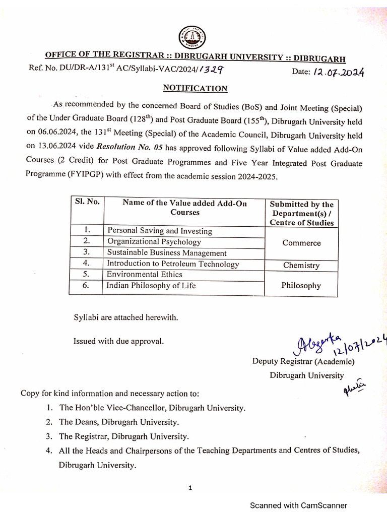 Notification Regarding Approved Syllabi of Value Added Add On Courses ...