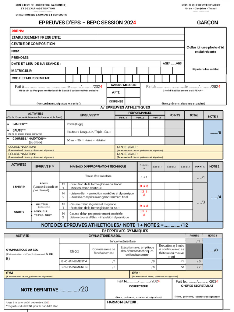 FICHE EPS BEPC 2024 (2) - Phoenix | PDF
