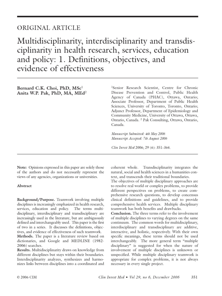 Multidisciplinarity Interdisciplinarity and Transdisciplinarity in ...