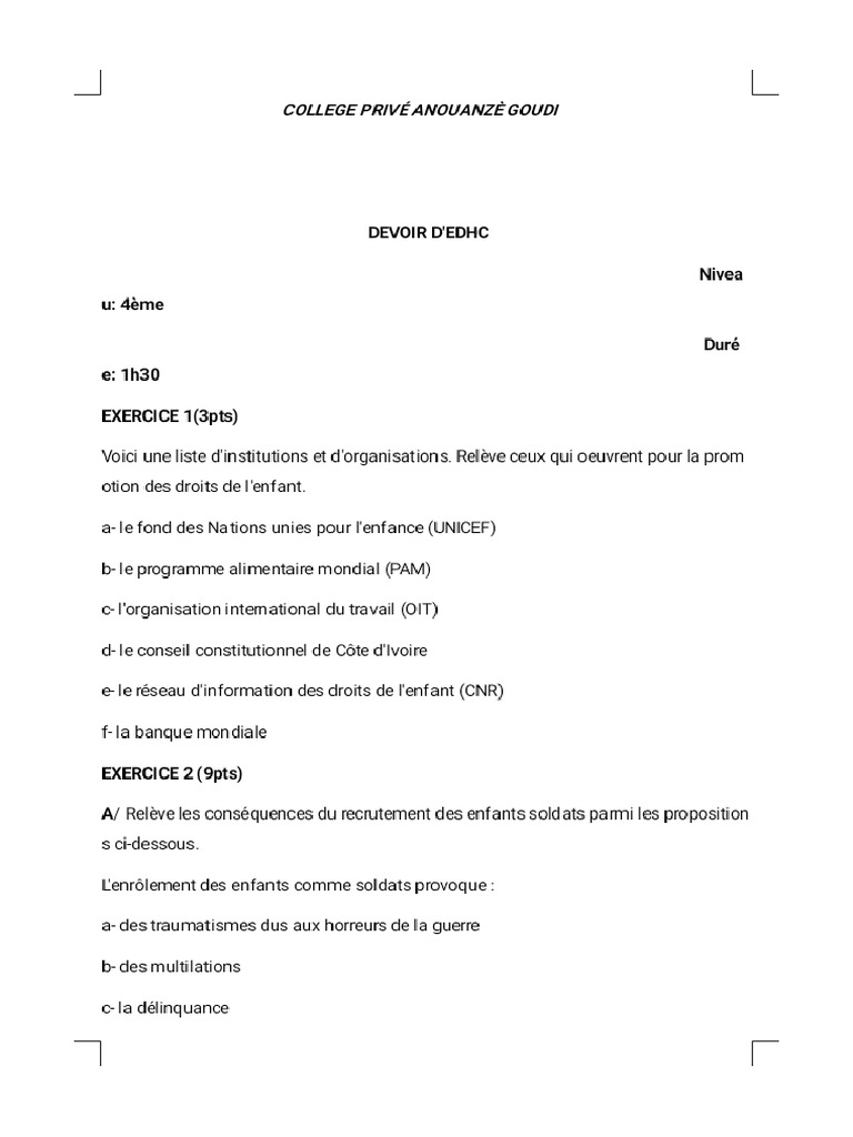 DEVOIR D'EDHC NIVEAU 4ème (2024-2025) - Phoenix | PDF