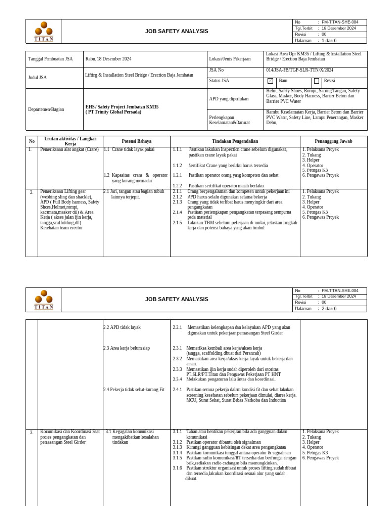 JSA 014 JSA Erection Baja Jembatan | PDF