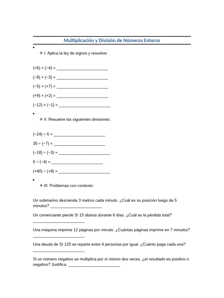 Ejercicios Multiplicacion Division Enteros 1S | PDF