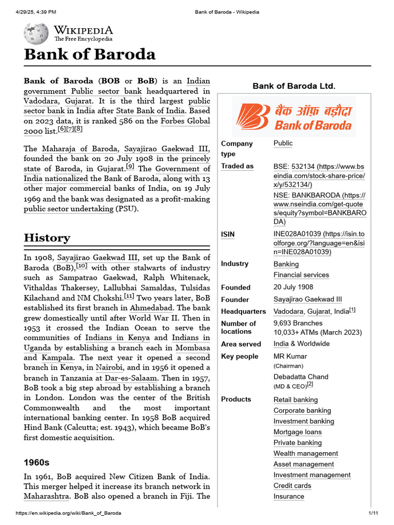 Bank of Baroda - Wikipedia | PDF | Private Sector | Banks