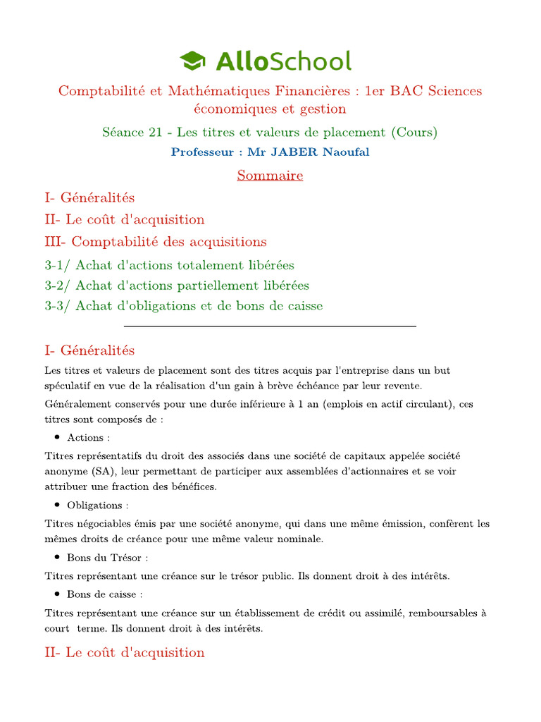 Seance 21 Les Titres Et Valeurs de Placement Cours | PDF