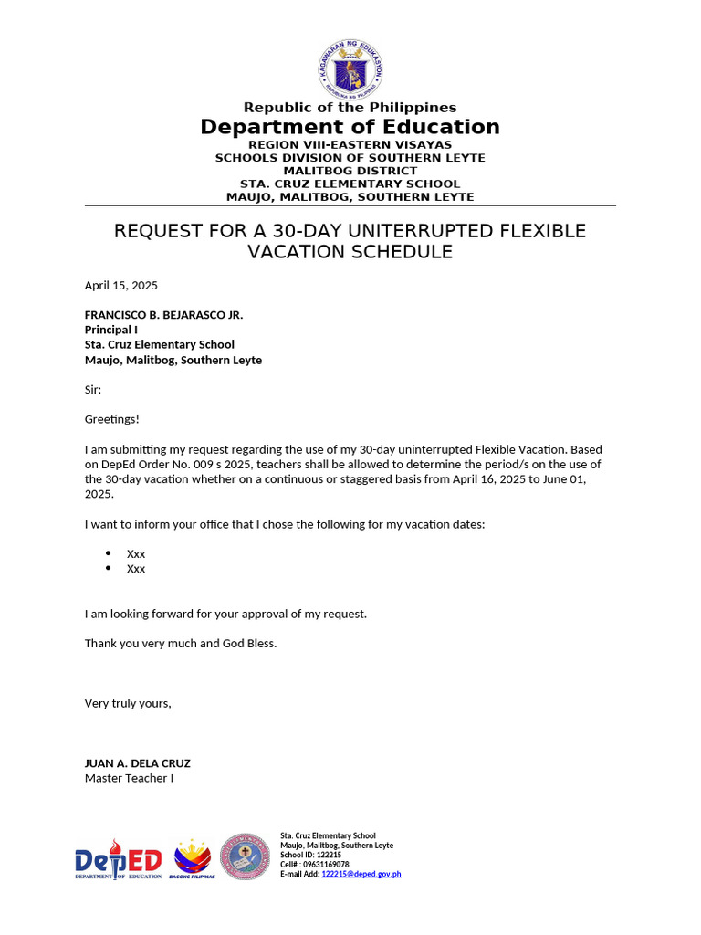 Request For A 30 Day Uninterrupted Flexible Vacation Schedule | PDF