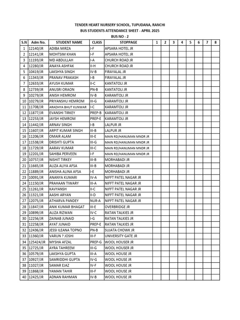 April 2025 Bus Attendance Sheet | PDF