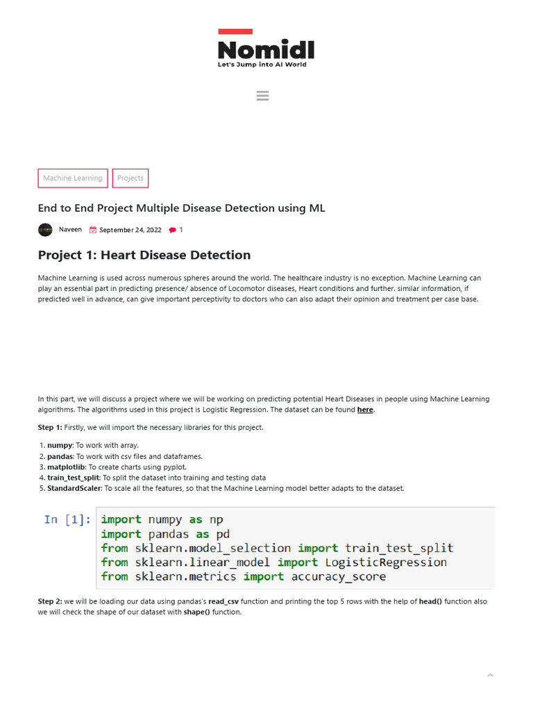 End To End Project Multiple Disease Detection Using ML - Nomidl | PDF | Machine Learning