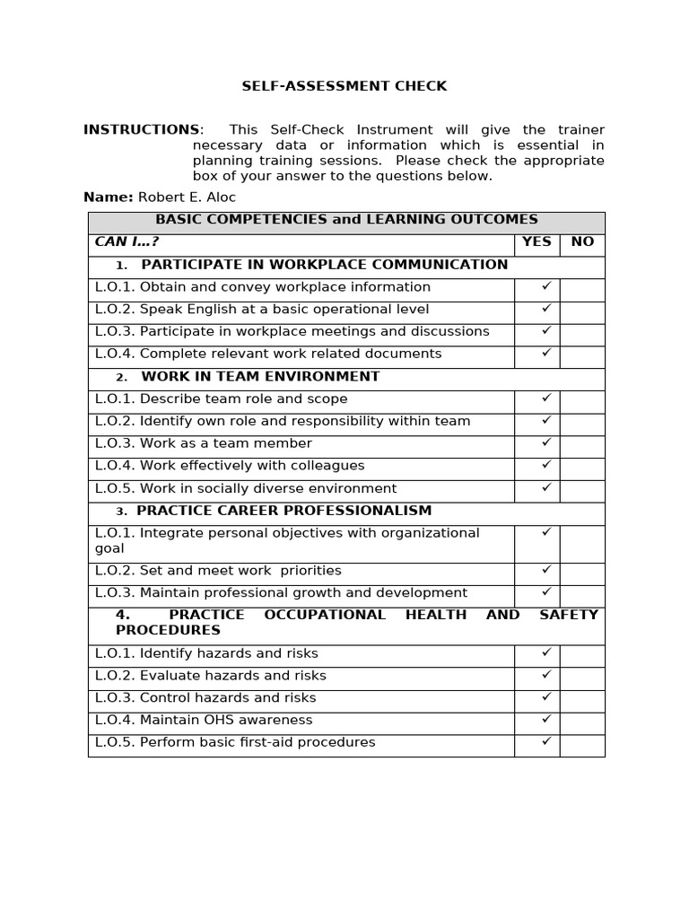 02a Self-Assessment Check | PDF | Restaurants | Information