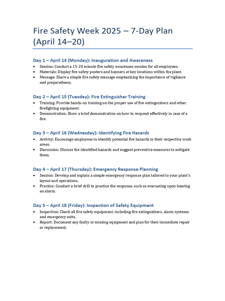 Fire Safety Week 2025 Weekly Plan | PDF