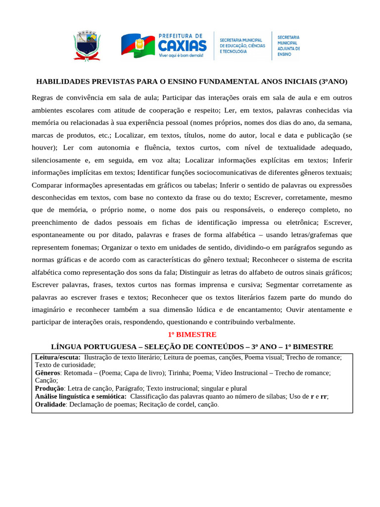 Conteúdos 3º Ano - 1, 2, 3 4 Bimestres | PDF | Paisagem | Escrita