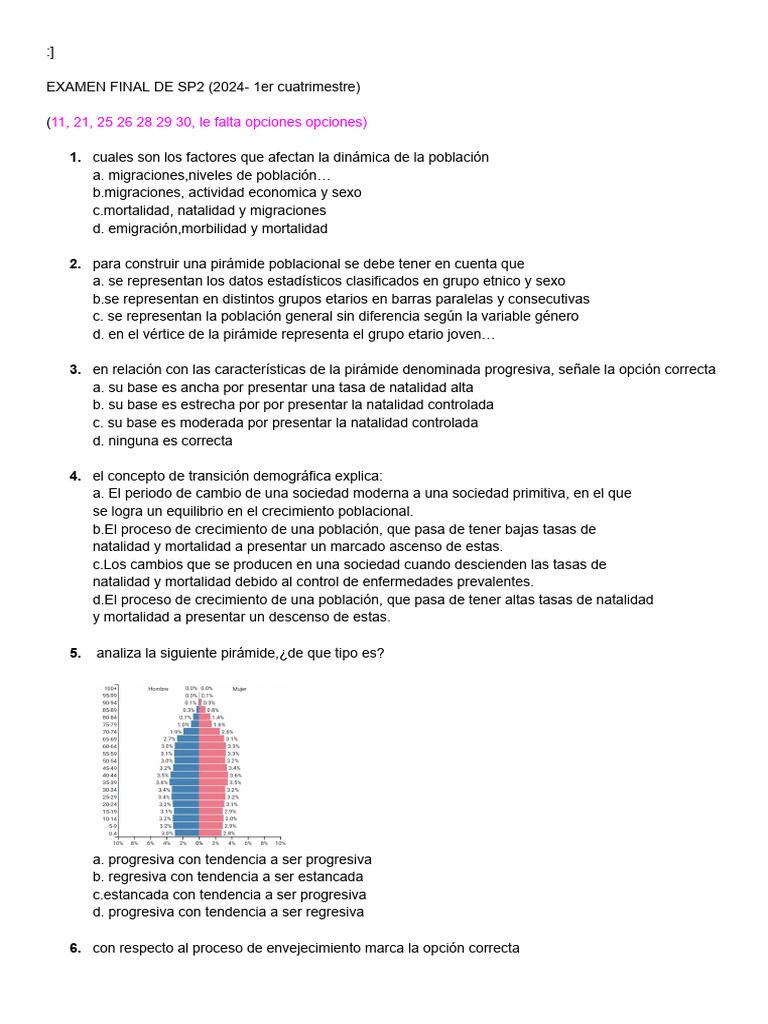 Examen Final de SP2 | PDF | Envejecimiento | Epidemiología