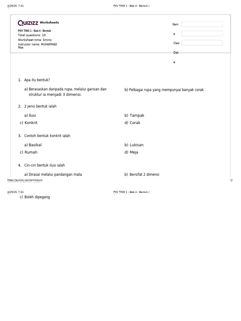 PSV TING 1 - Bab 4 - Bentuk - Quizizz | PDF
