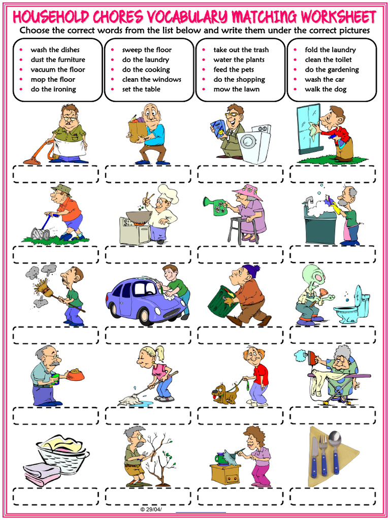 Household Chores Vocabulary Esl Matching Exercise Worksheet For Kids-1 ...